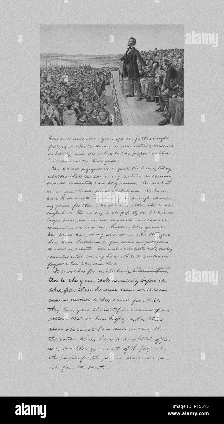 President Abraham Lincoln delivering the Gettysburg Address and a copy ...