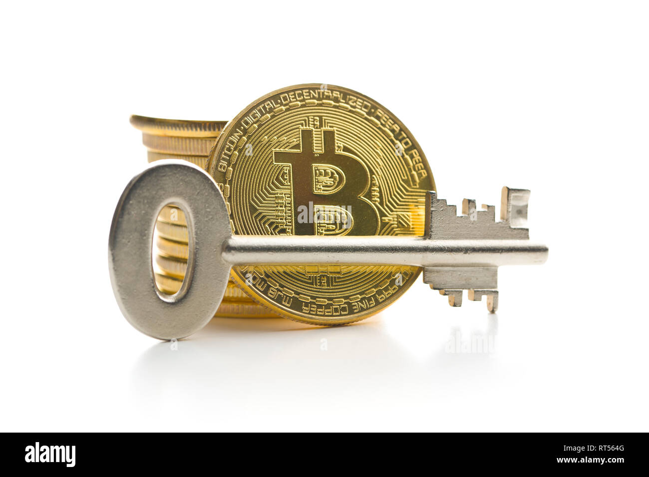 Bitcoin and safe key isolated on white background Stock Photo - Alamy