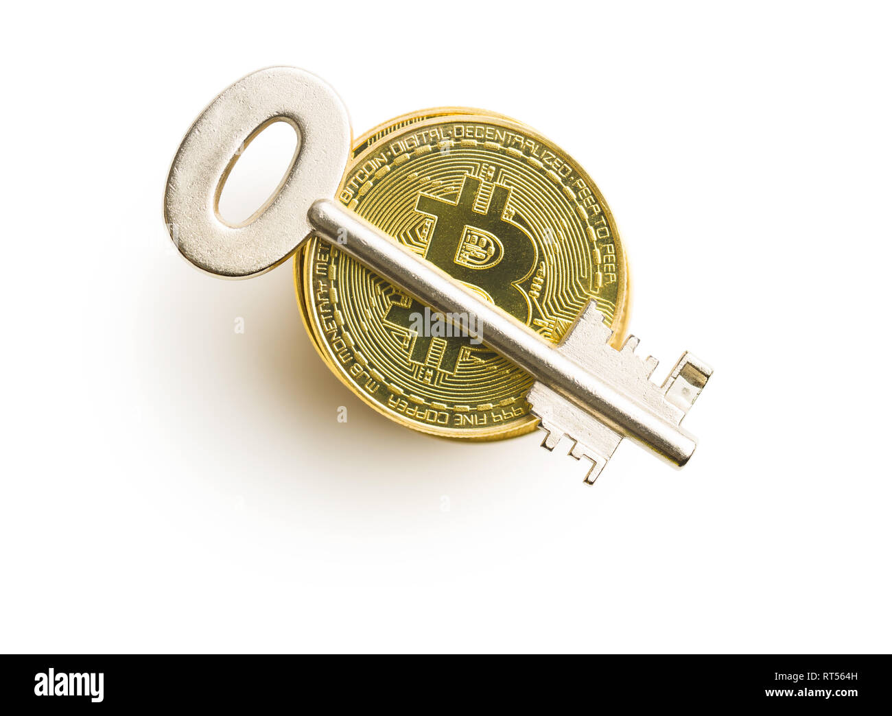 Bitcoin and safe key isolated on white background Stock Photo - Alamy
