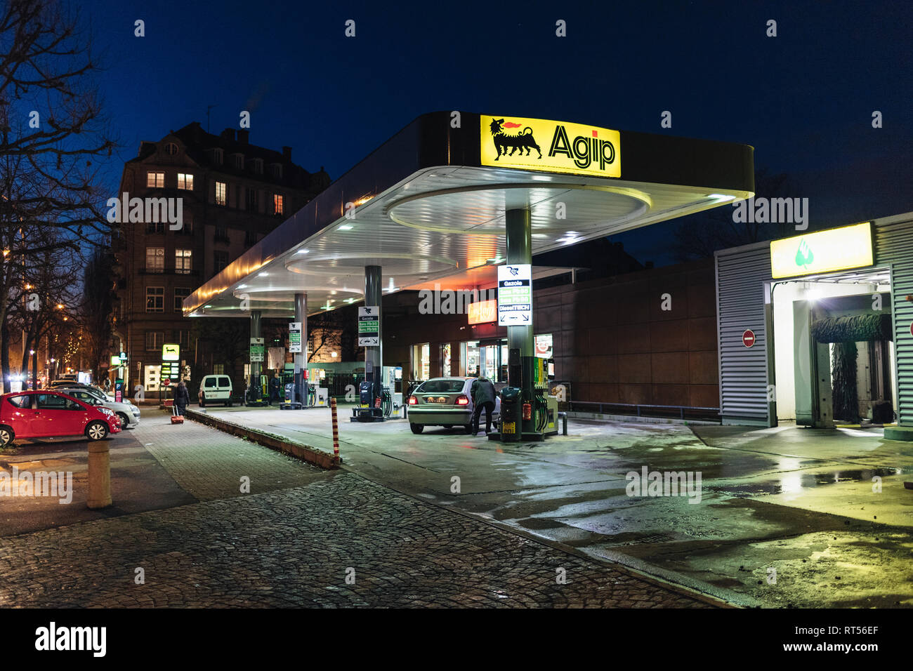 STRASBOURG, FRANCE - NOV 29, 2017: AGIP Gas station in France at night ...