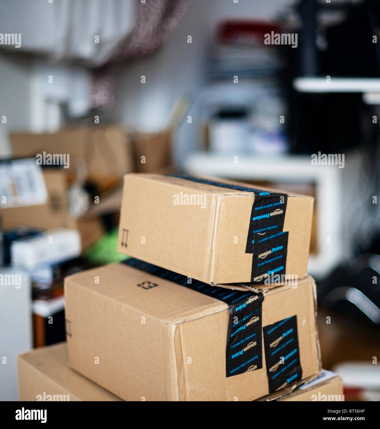 PARIS, FRANCE - DEC 23, 2017: Stack of Amazon Prime cardboard boxes one ...