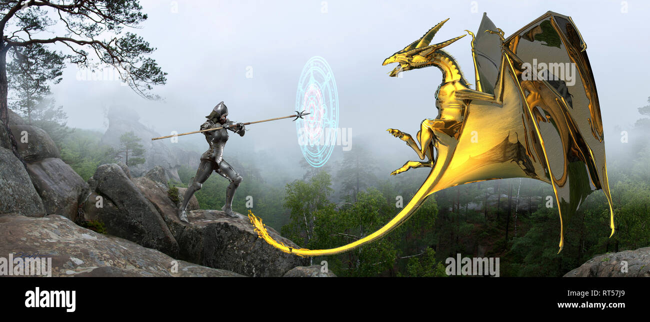 Flying gold dragon and female knight Stock Photo - Alamy