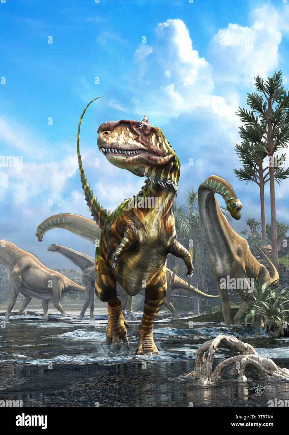 Rajasaurus stumbles across a herd of Isisaurus dinosaurs Stock Photo ...