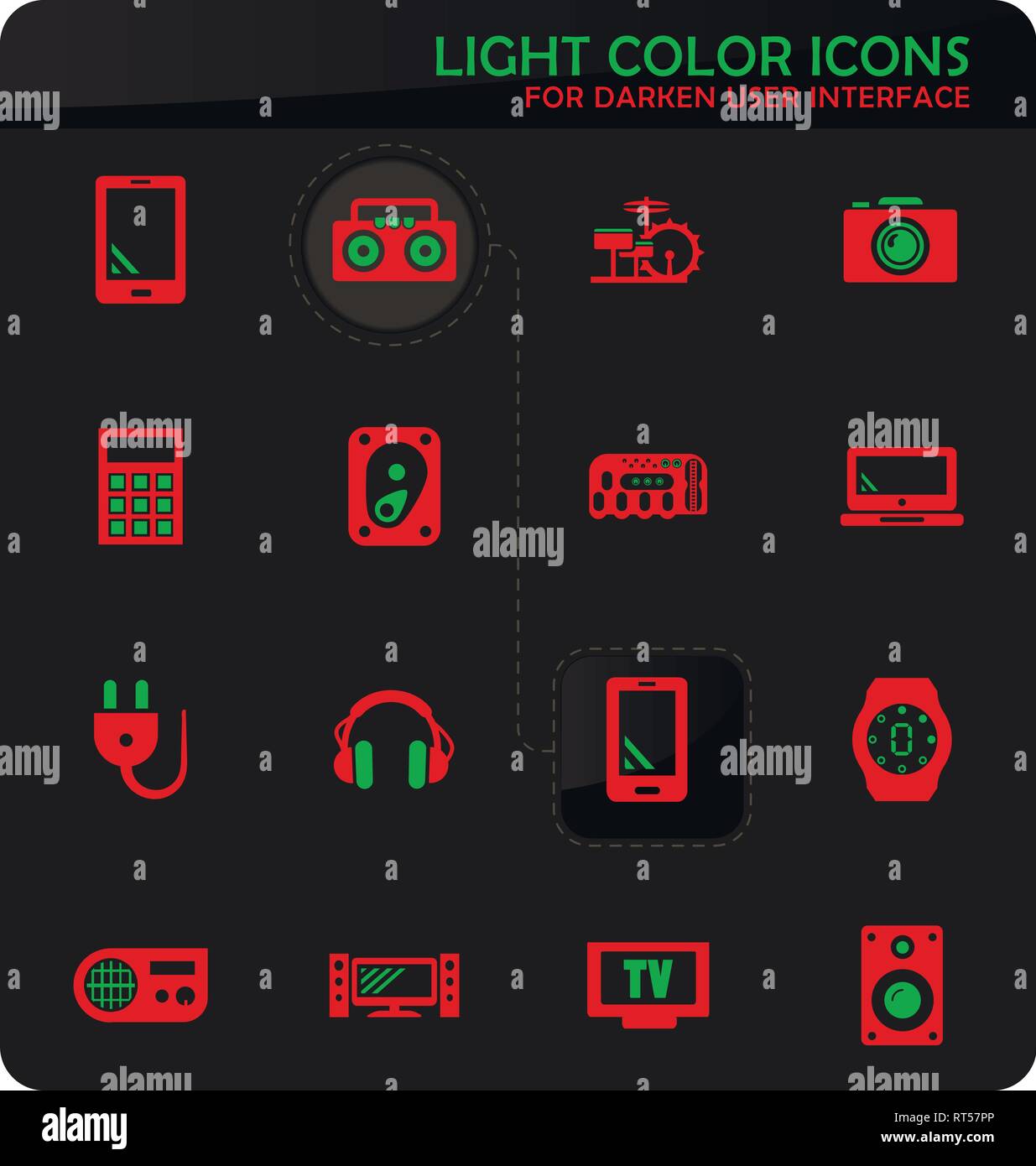 Devices easy color vector icons on darken background for user interface ...