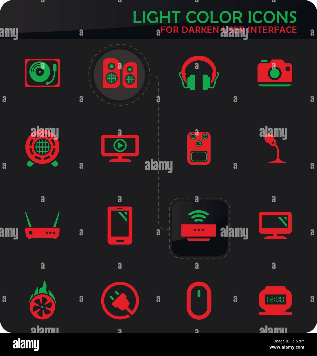 Devices easy color vector icons on darken background for user interface ...