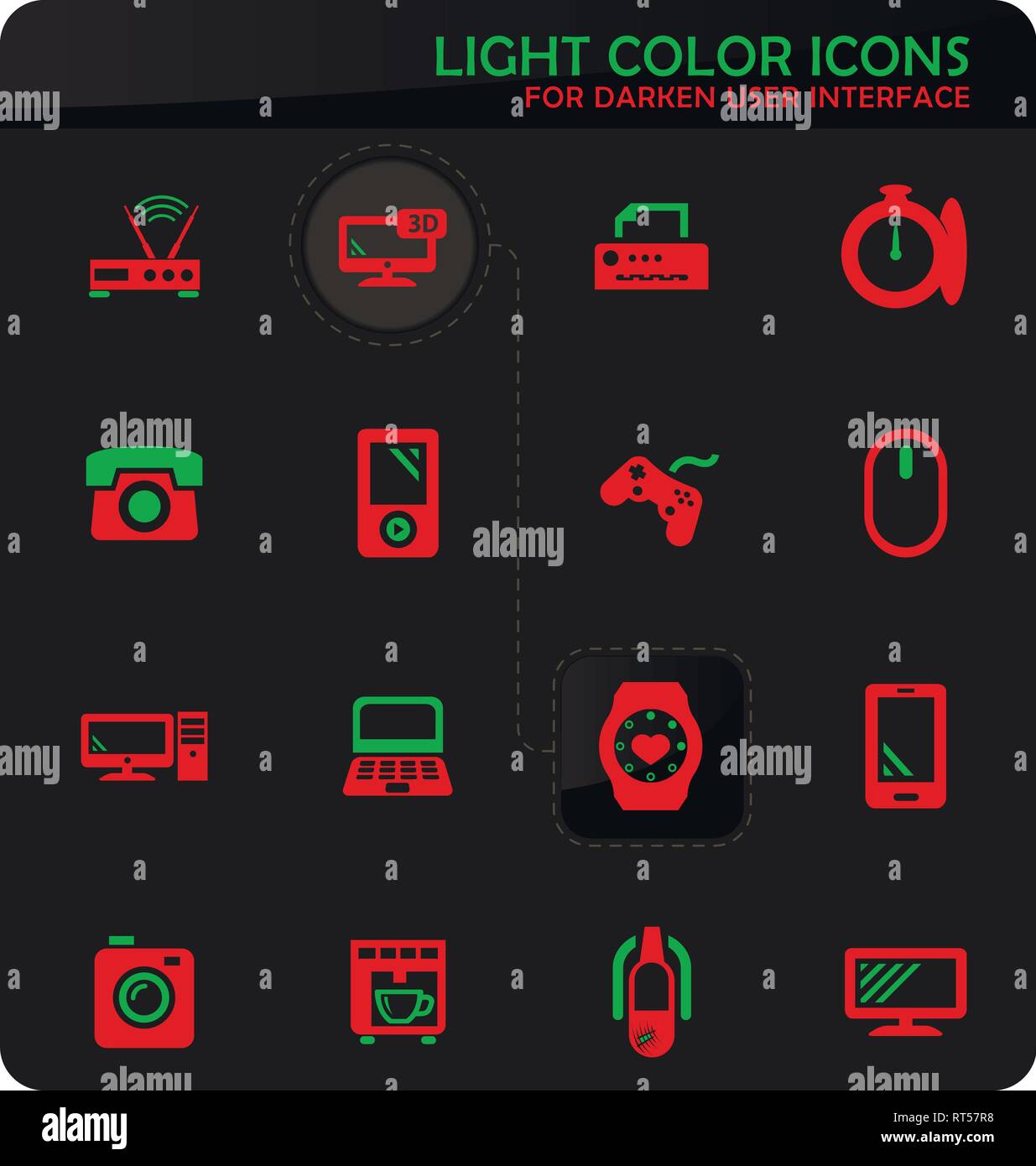 Devices easy color vector icons on darken background for user interface ...