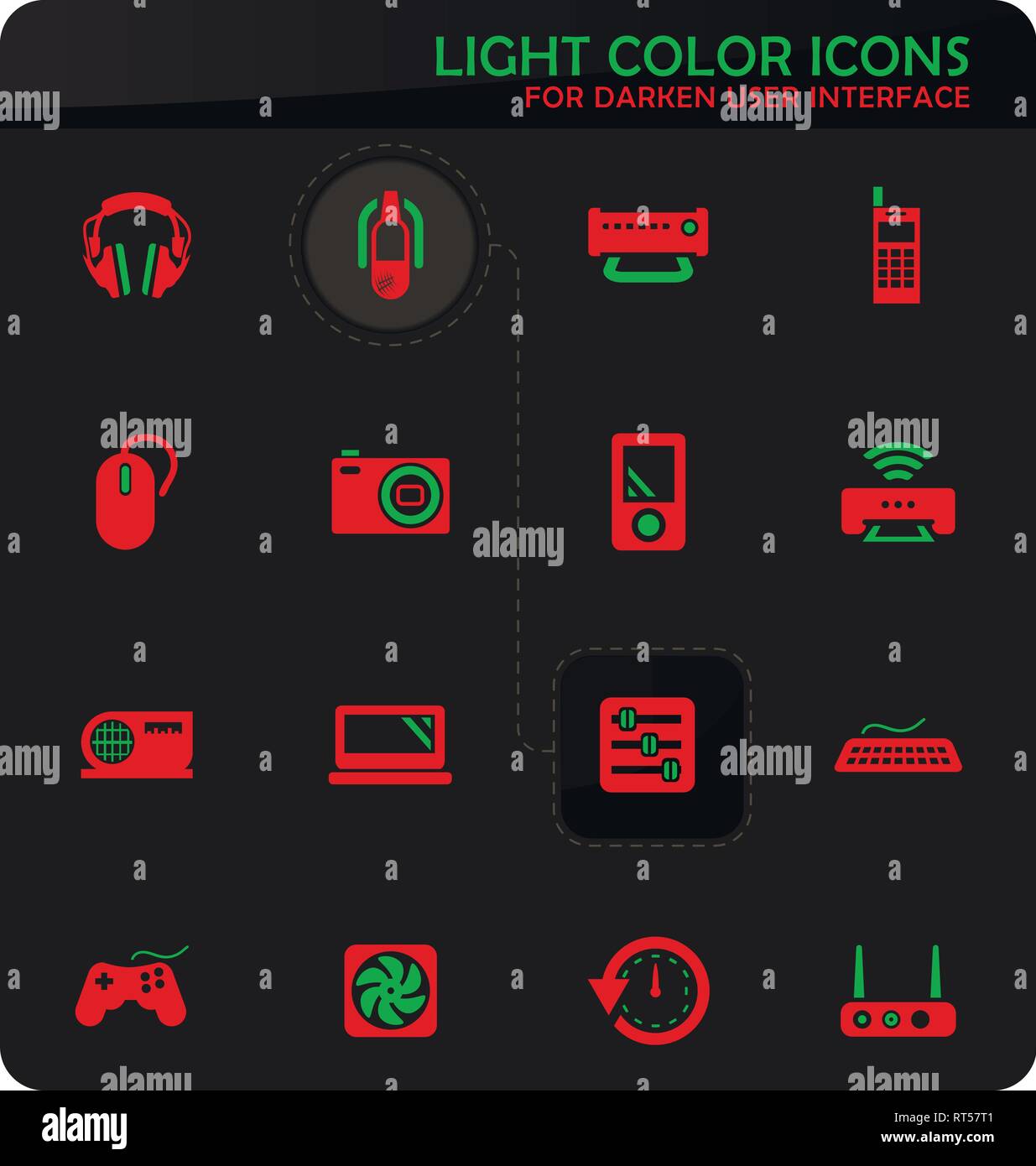 Devices easy color vector icons on darken background for user interface ...