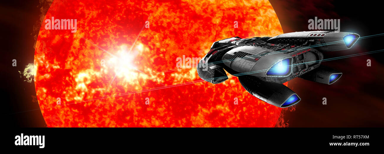 An ion drive powered exploration spaceship approaches a violent, new ...