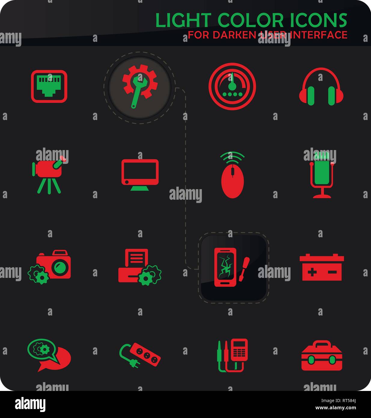 Electronics repair easy color vector icons on darken background for ...