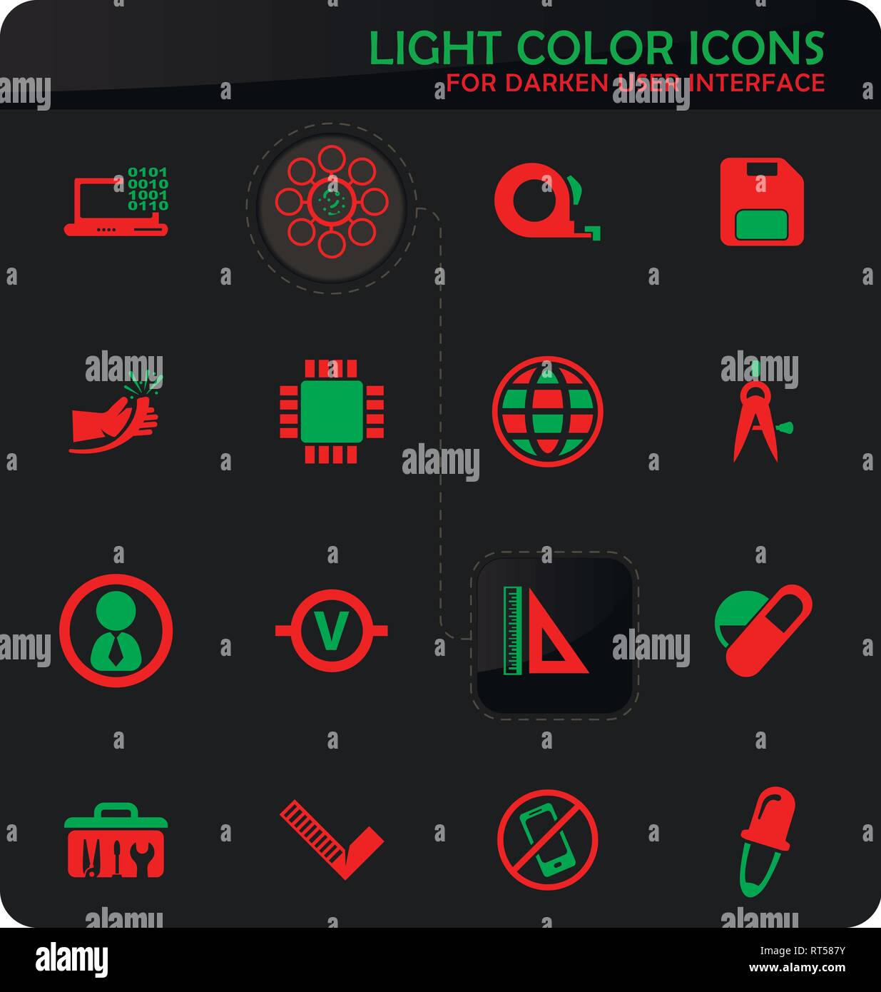 Faculty of mechanics easy color vector icons on darken background for ...