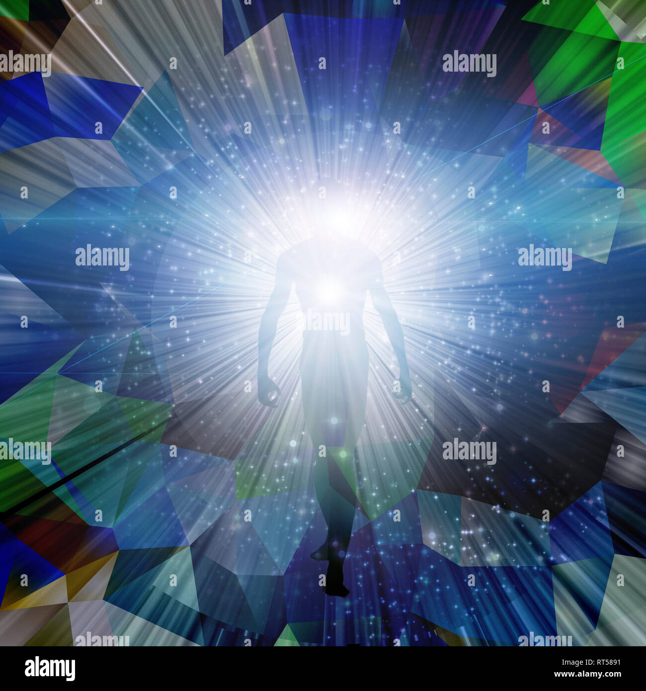 Human silhouette with bright light. Colorful kaleidoscopic pattern on a ...