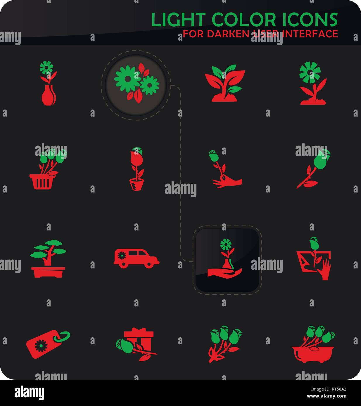 Flower easy color vector icons on darken background for user interface ...