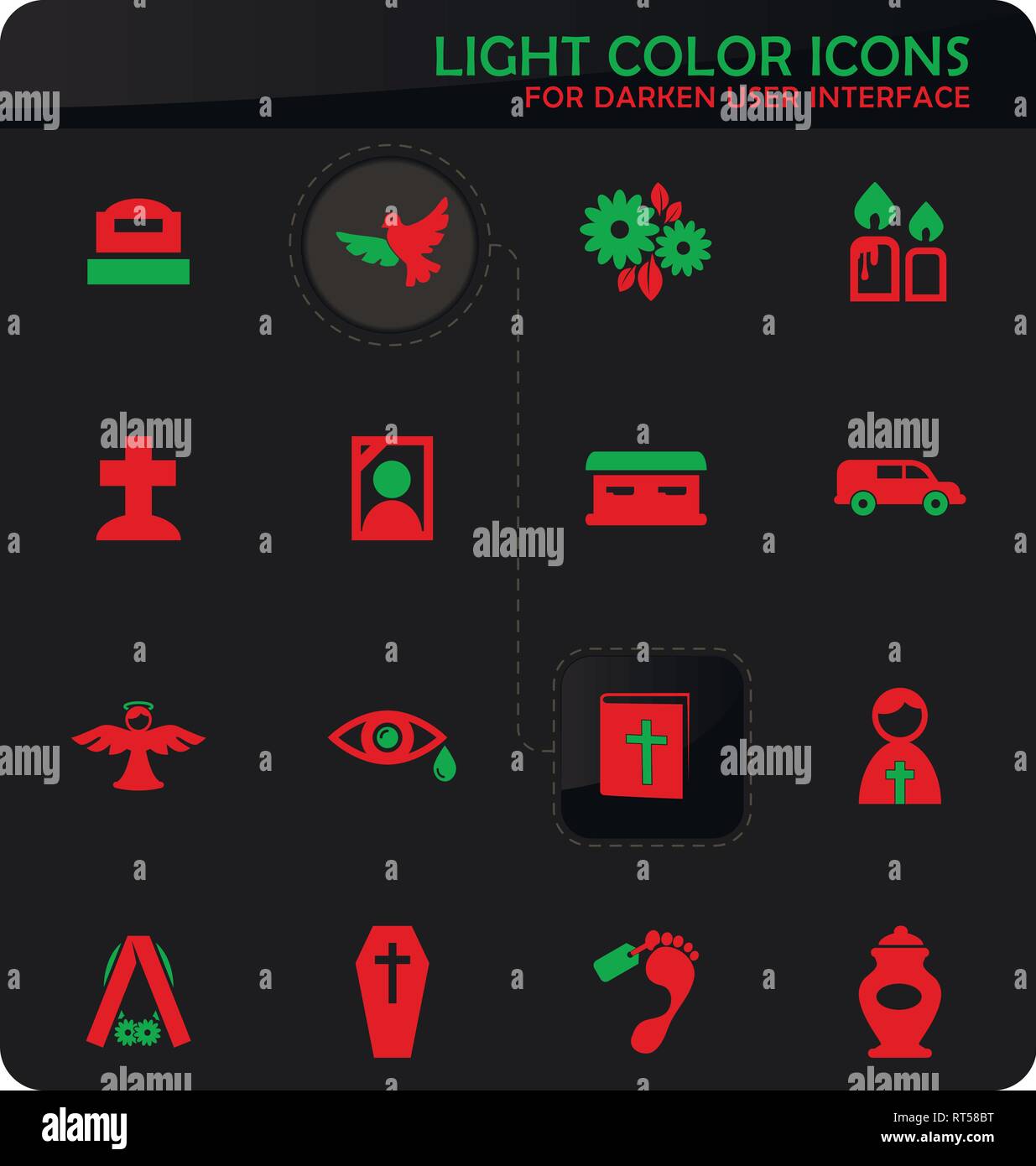 Funeral service easy color vector icons on darken background for user ...
