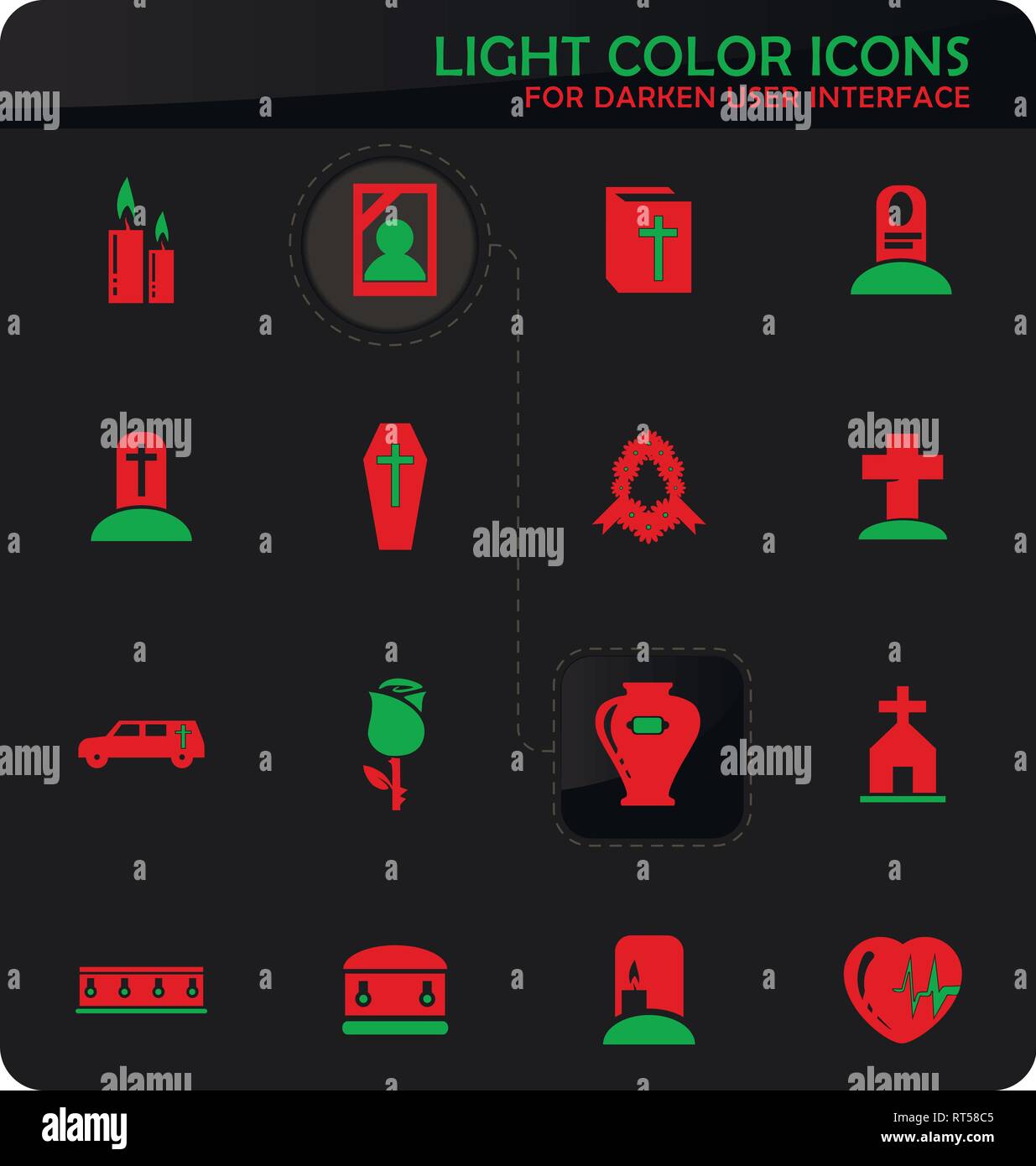 Funeral service easy color vector icons on darken background for user ...