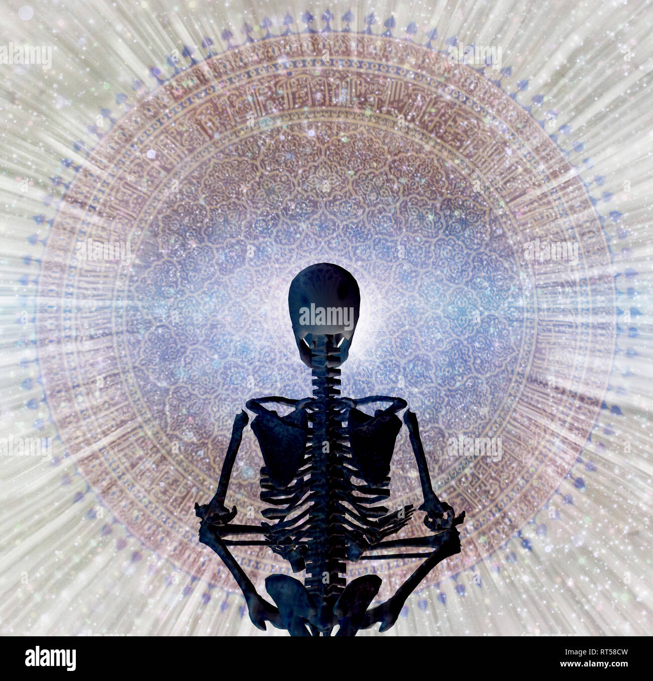 Skeleton in lotus position sits before endless spaces Stock Photo - Alamy