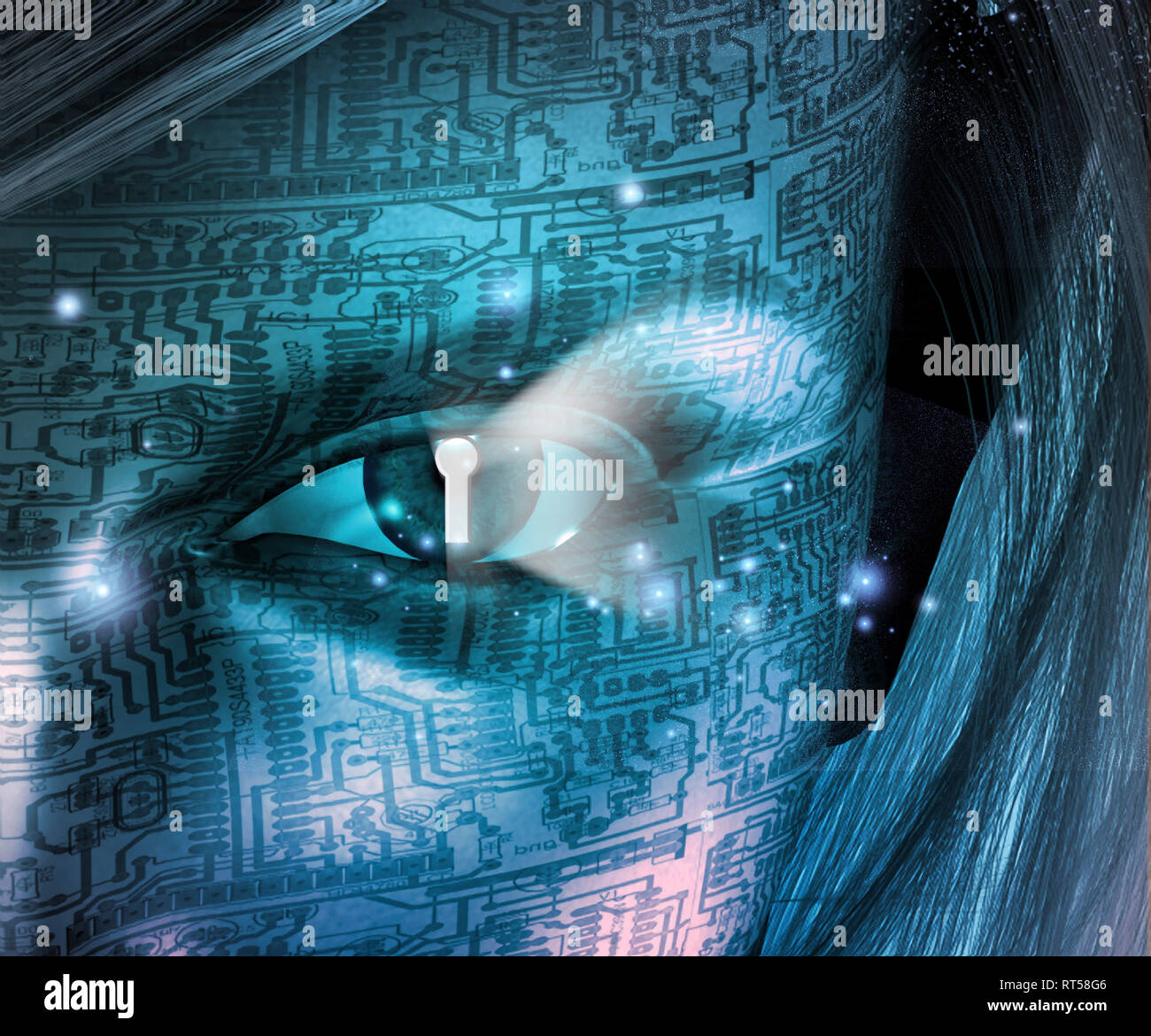 Electronic woman with key hole eye Stock Photo - Alamy