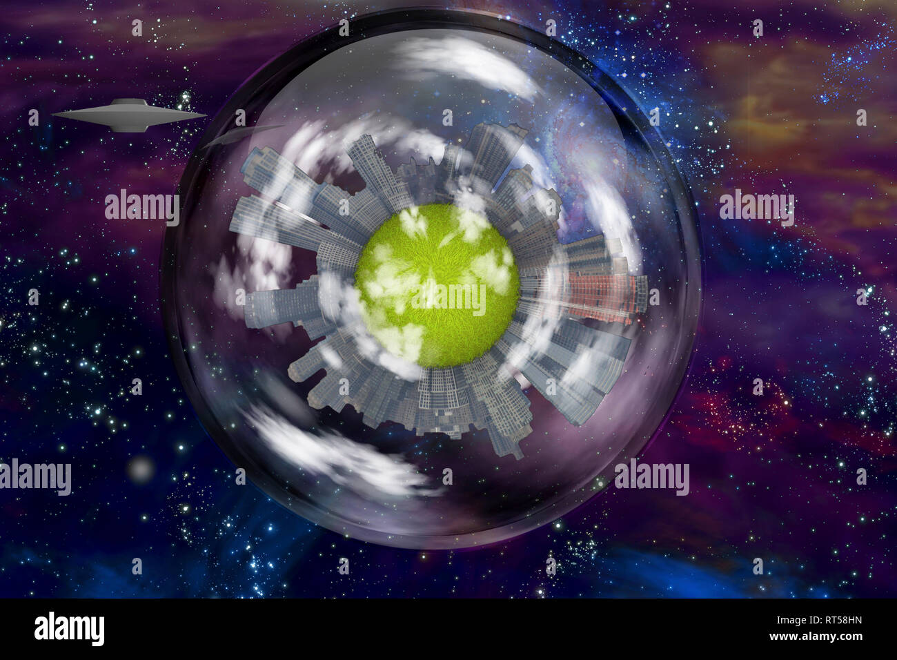 Saucer craft near large interstellar city ship Stock Photo - Alamy