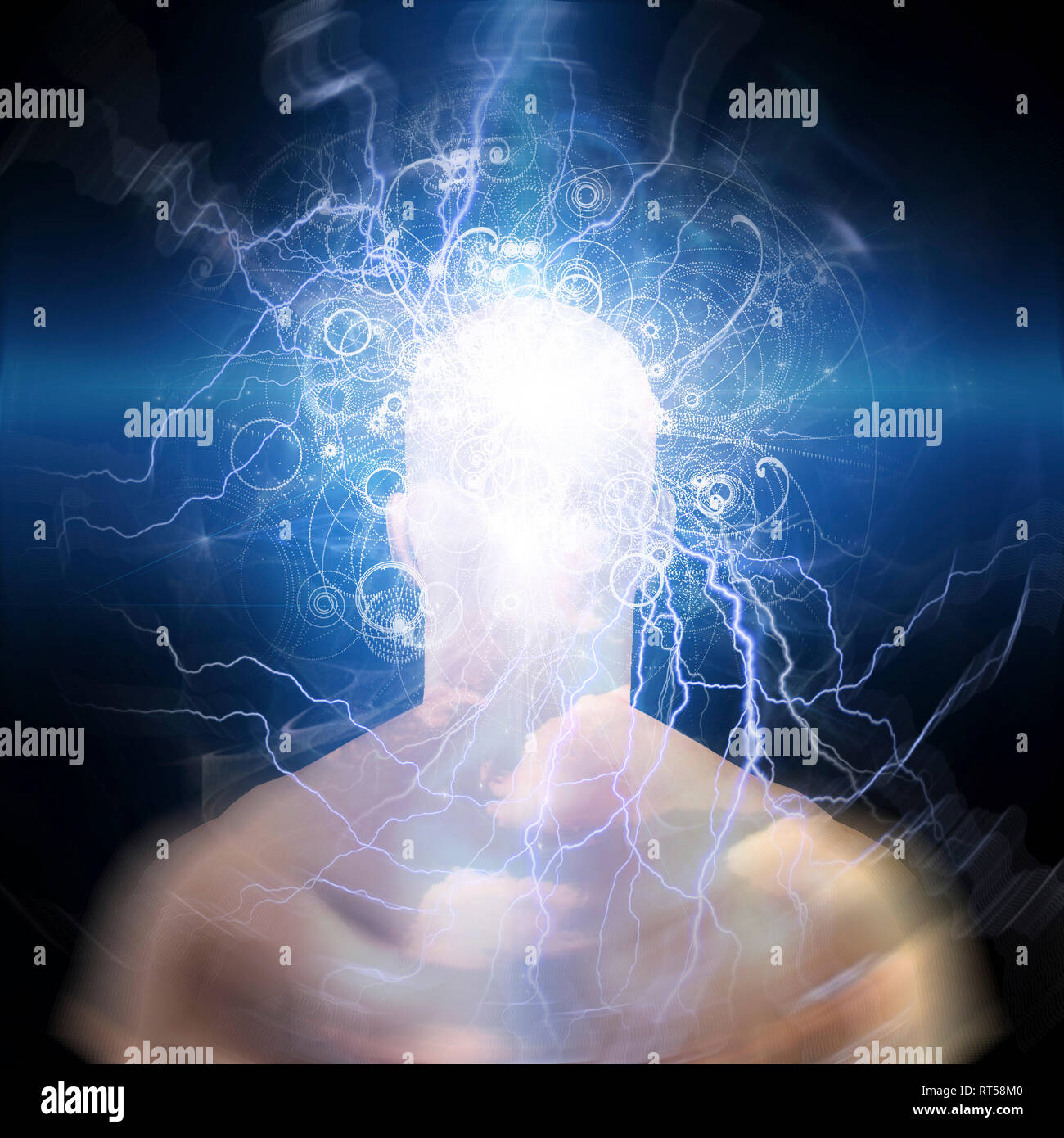 Surreal digital art. Mans head with stars, lightning and clouds Stock ...