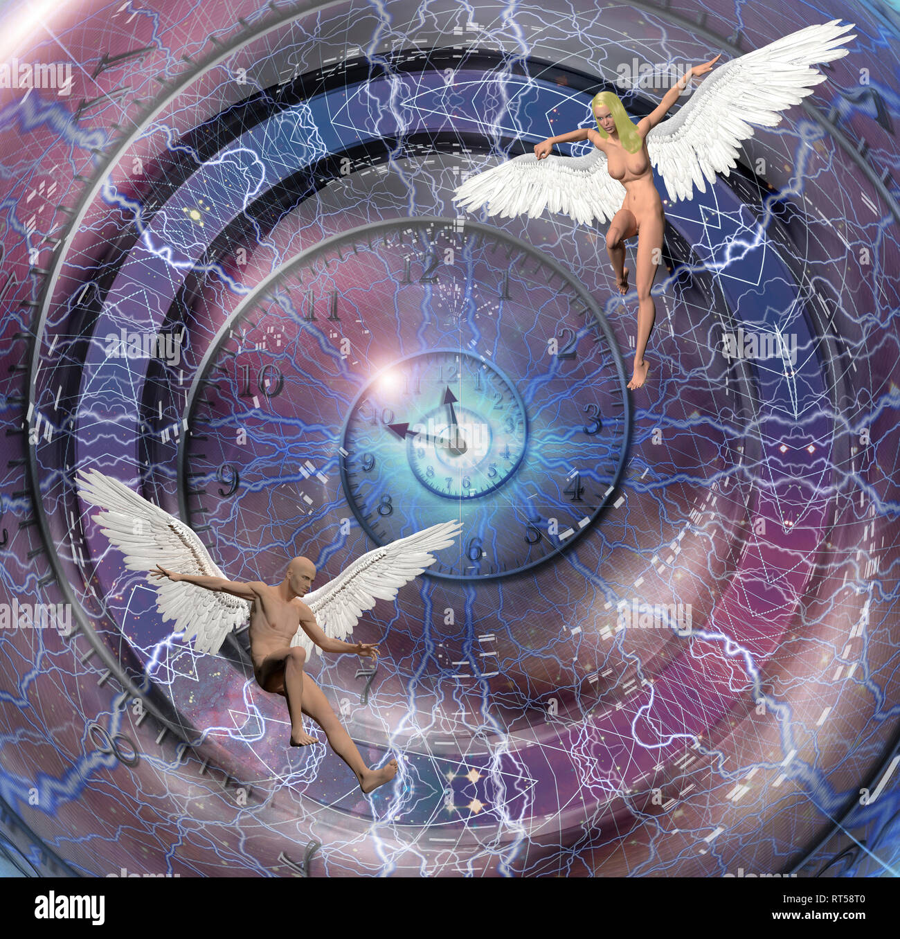 Figures of man and woman with angel wings. Spiral of time Stock Photo ...