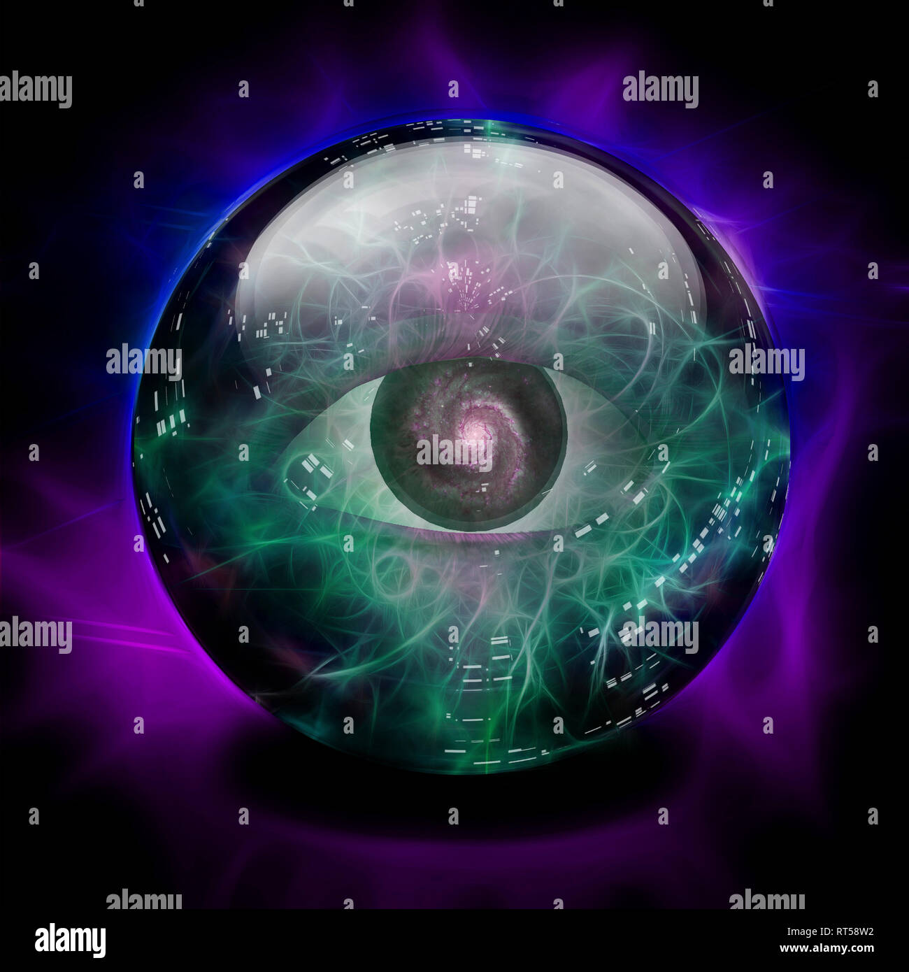 Crystal ball with spiral galaxy eye in center Stock Photo - Alamy