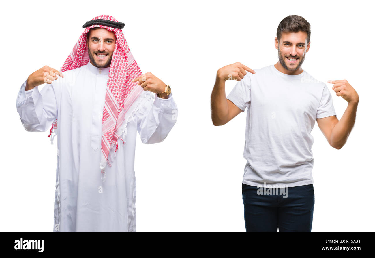 Collage of handsome young man and arab man over isolated background ...