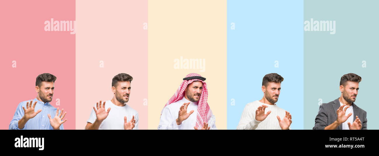 Collage of handsome young man over colorful stripes isolated background ...