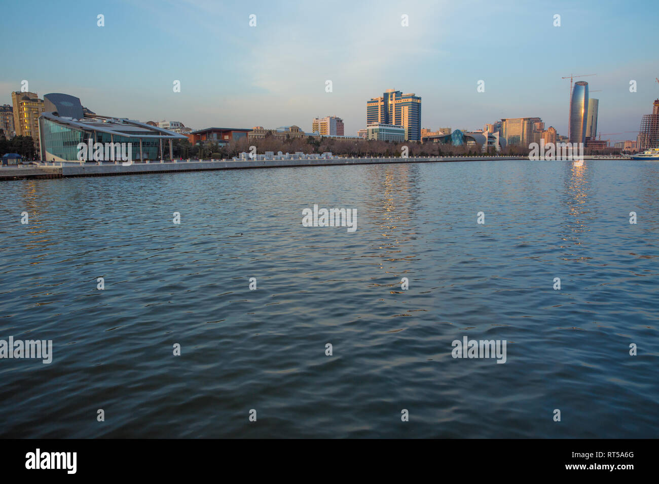 Baku boulevard at the Caspian Sea embankment. Baku is the capital and ...