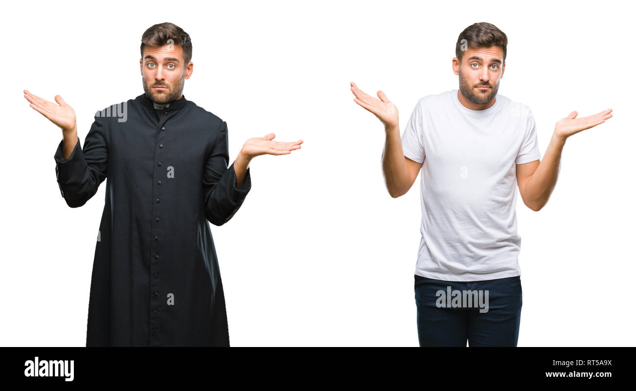Collage of handsome young man and catholic priest over isolated ...
