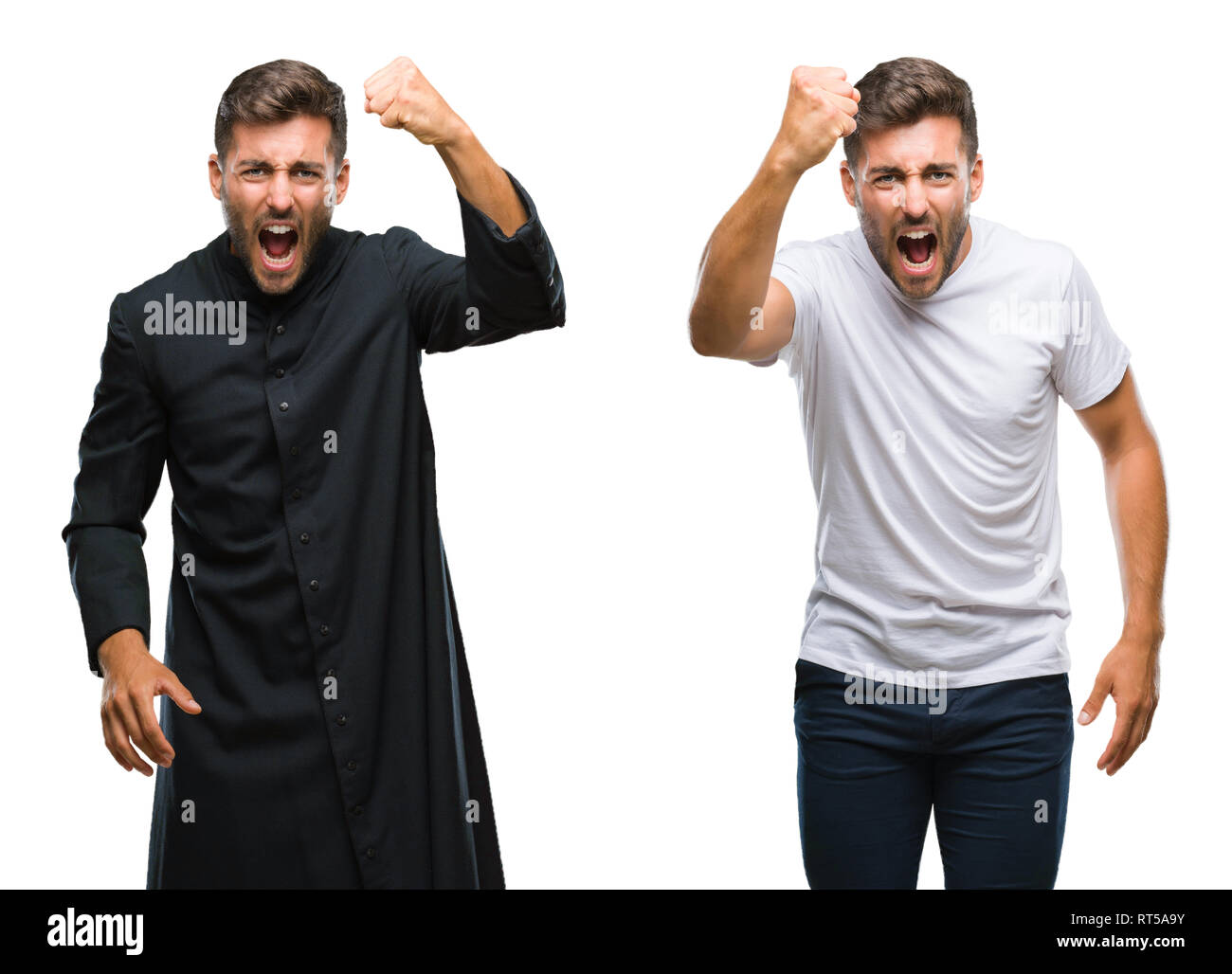 Collage of handsome young man and catholic priest over isolated ...