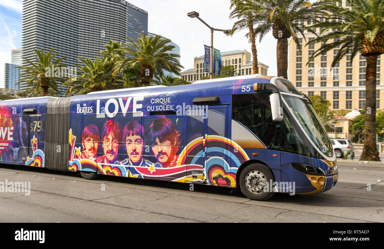 LAS VEGAS, NEVADA, USA - FEBRUARY 2019: express bus travelling down Las ...