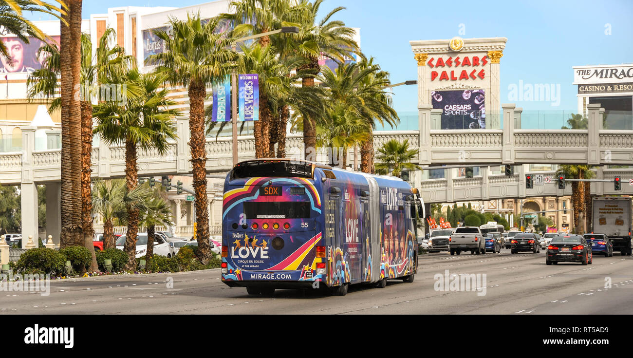 LAS VEGAS, NEVADA, USA - FEBRUARY 2019: express bus travelling down Las ...