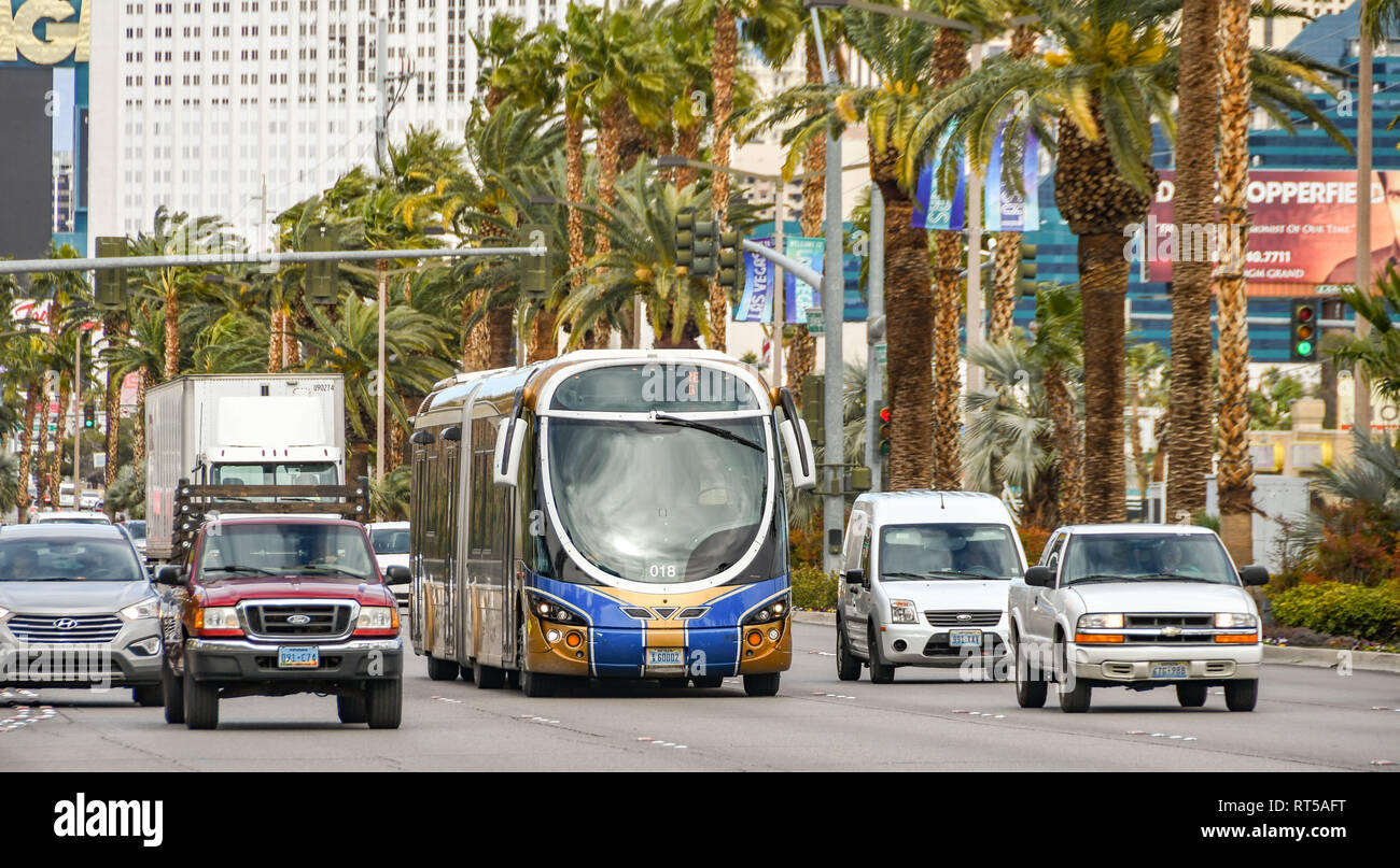 LAS VEGAS, NEVADA, USA - FEBRUARY 2019: Express bus and other vehicles ...