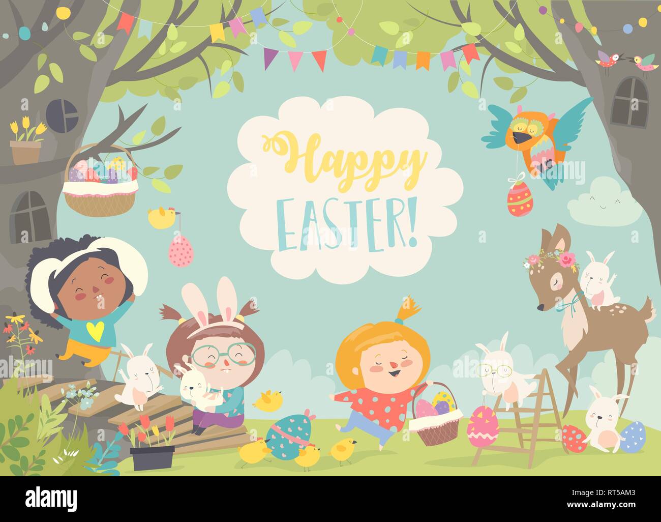 Vector illustration kids celebrating easter hi-res stock photography ...