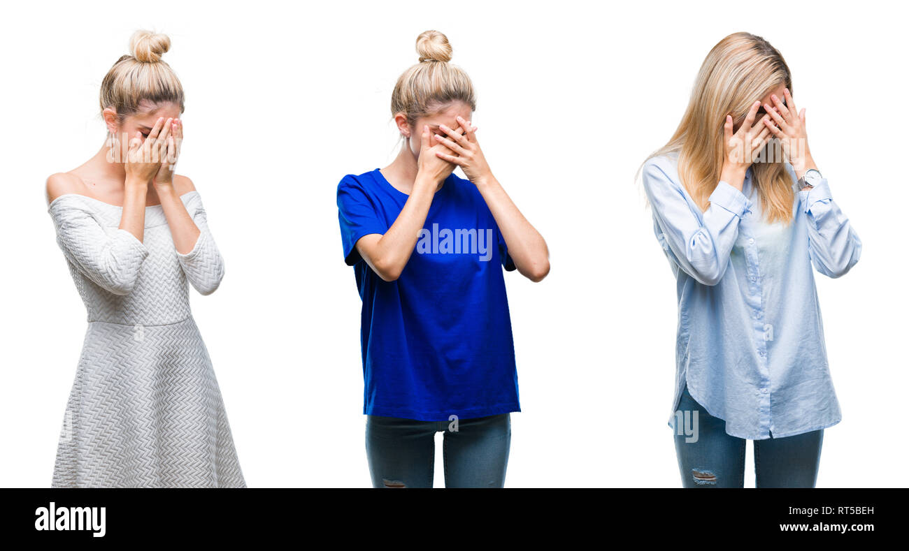Collage of young beautiful blonde woman over isolated background with ...