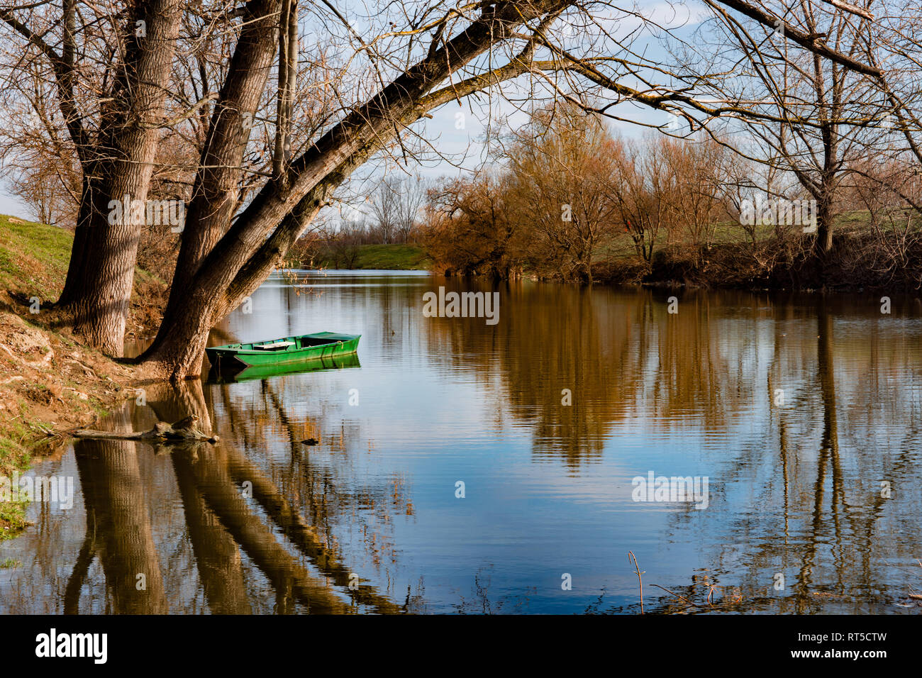 The Danube river and the beautiful reflection of forests in the water ...