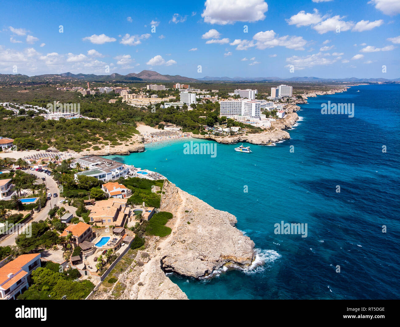 Spain, Baleares, Mallorca, Porto Colom, Aerial view of Cala Tropicana ...