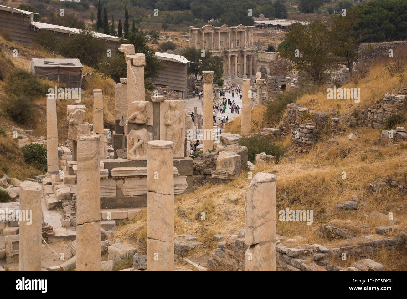 Marble columns and statues with a view of the restoration work areas at ...