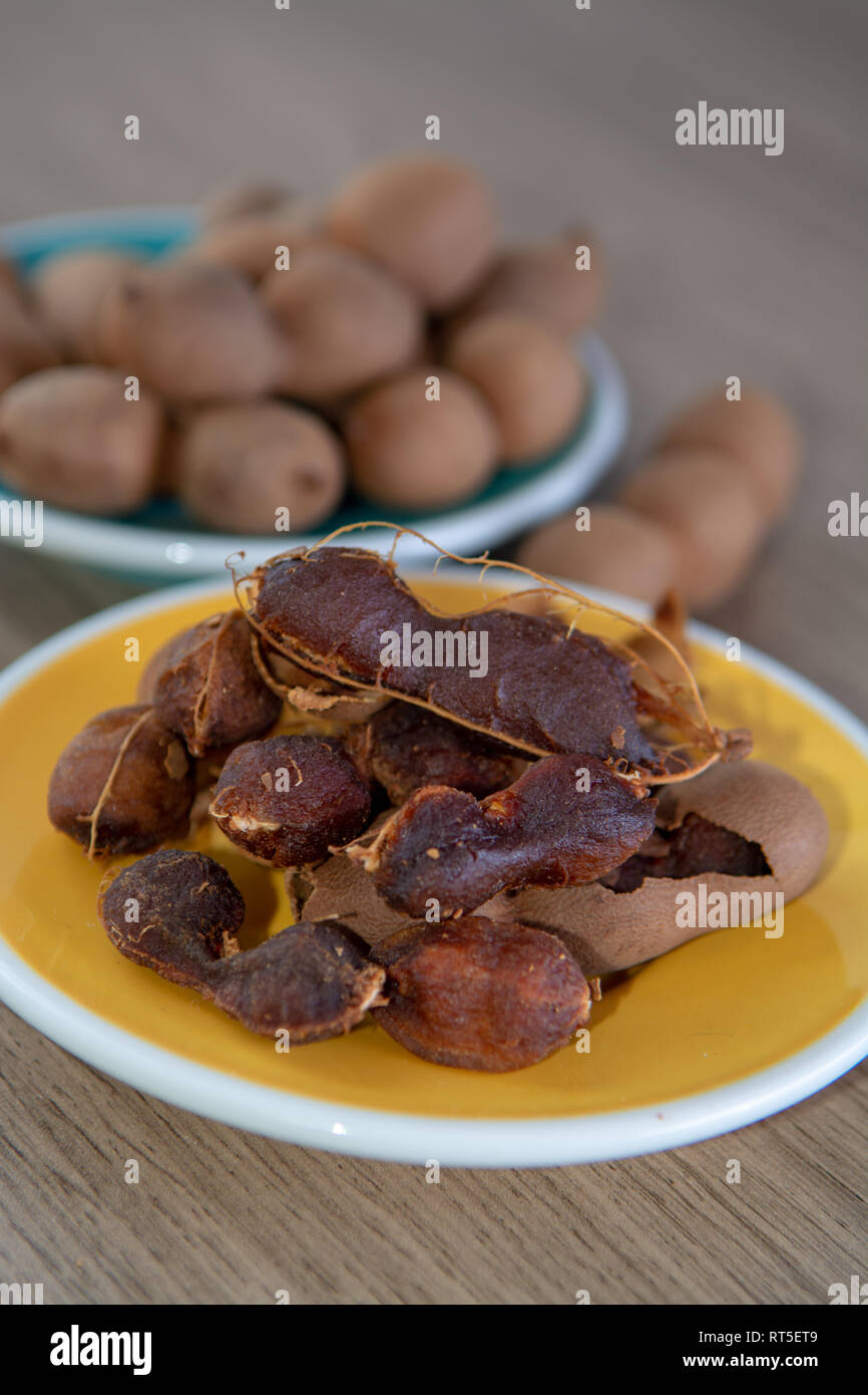 Fruits of tropcal Africal tree tamarind, used in cooking, traditional ...