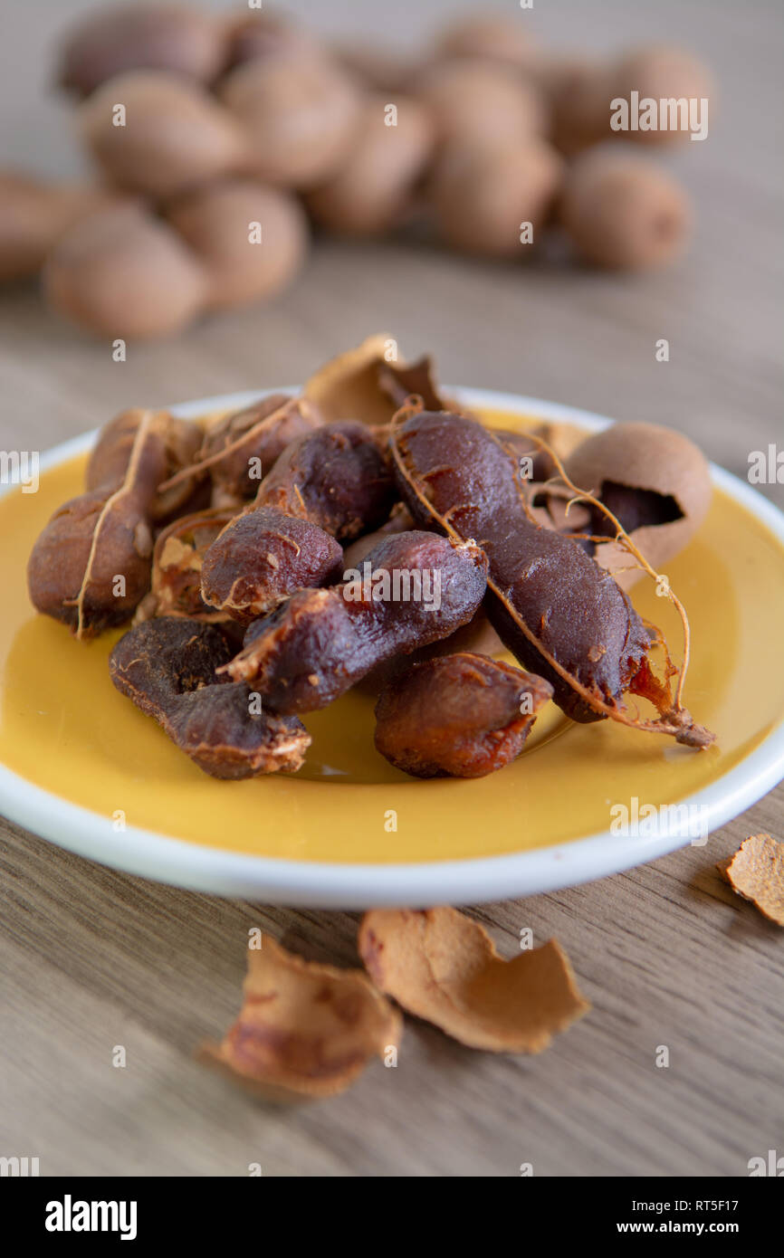 Fruits of tropcal Africal tree tamarind, used in cooking, traditional ...