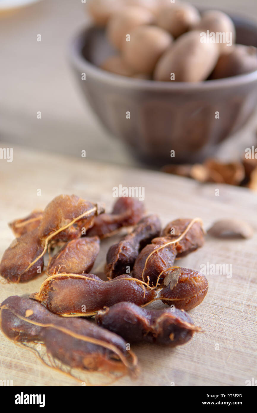 Fruits of tropcal Africal tree tamarind, used in cooking, traditional ...