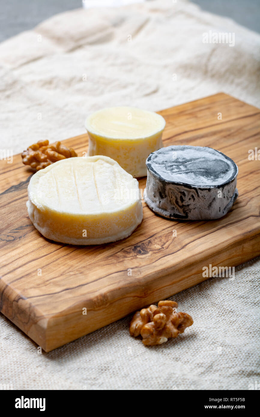 Assortment of French soft goat cheeses, Chevre Cendre, Cabecou Du ...