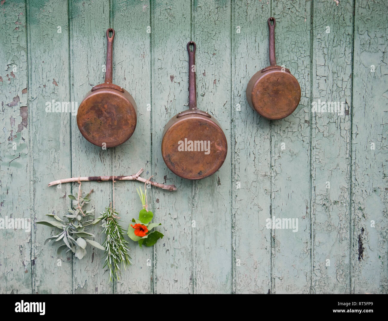 Copper saucepans, sage, rosemary, cress Stock Photo - Alamy