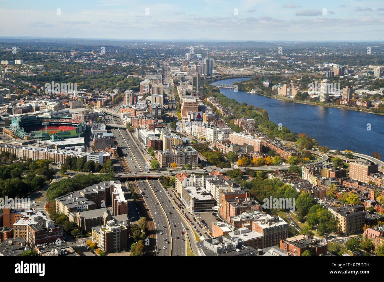 An aerial view including the Fenway/ Kenmore neighborhood, Back Bay ...