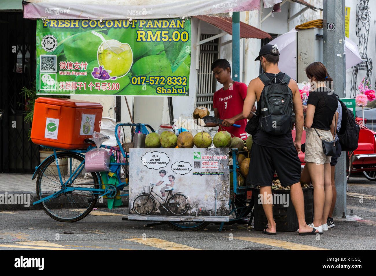 George Town, Penang, Malaysia. Refreshment Stand Selling Fresh Coconuts ...