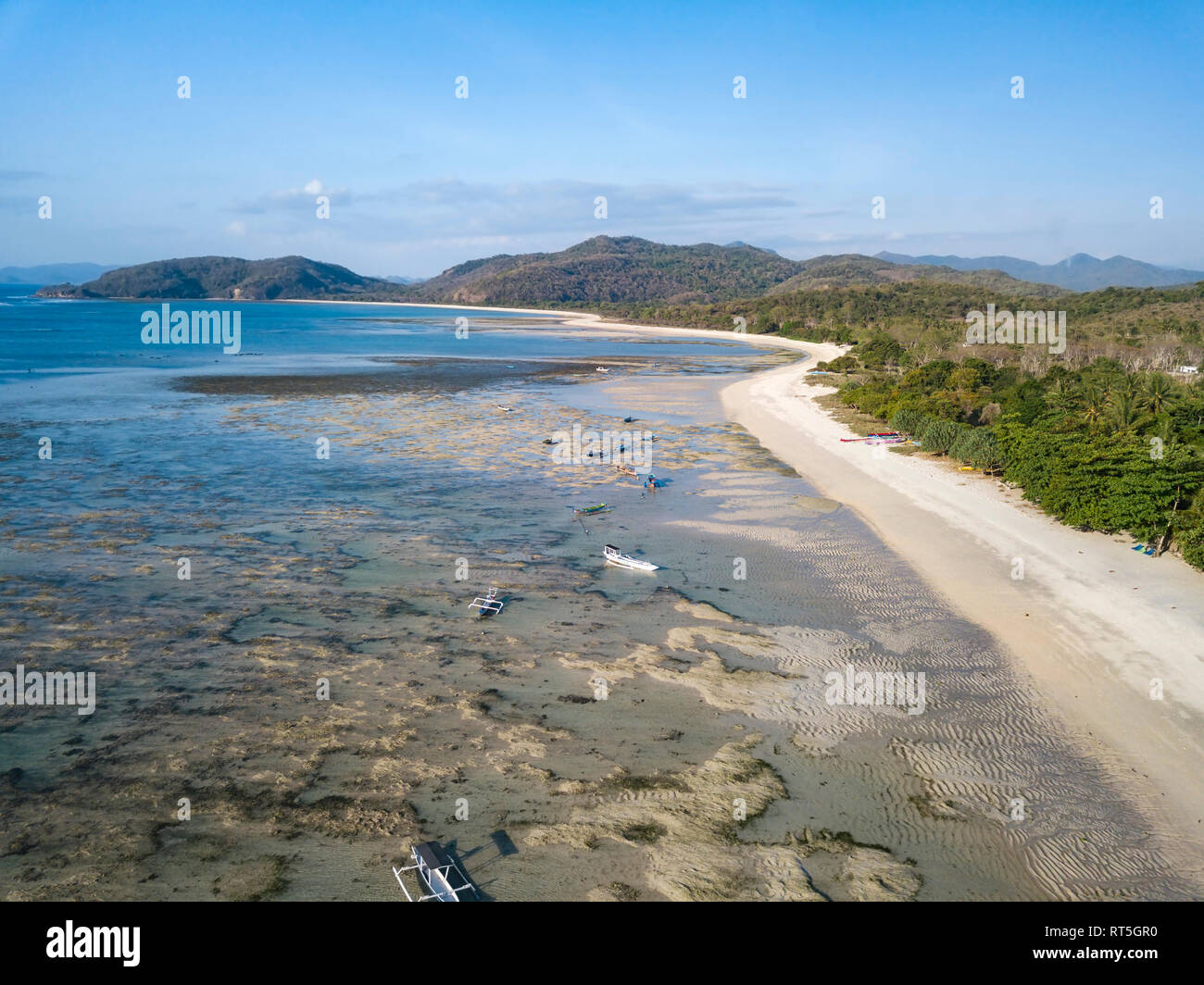 Indonesia, West Sumbawa, Aerial view of Jelengah beach, Scar reef surf ...
