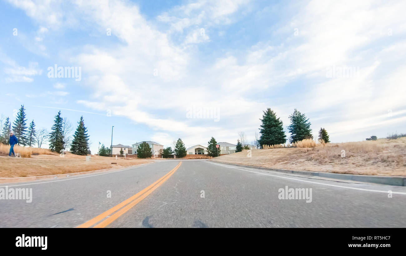 Driving through upscale residential neighborhood in suburbia Stock ...