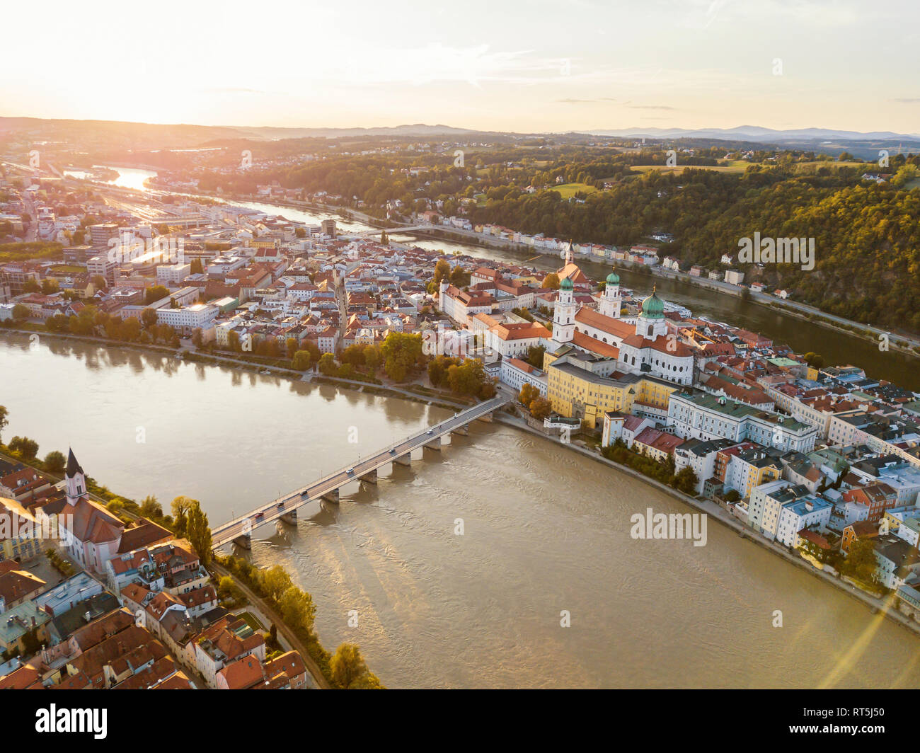 Germany, Bavaria, Passau, City of three rivers, Aerial view, Danube and ...