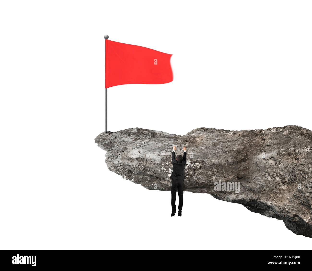 Businessman hanging on cliff with red wavy flag on top isolated in ...