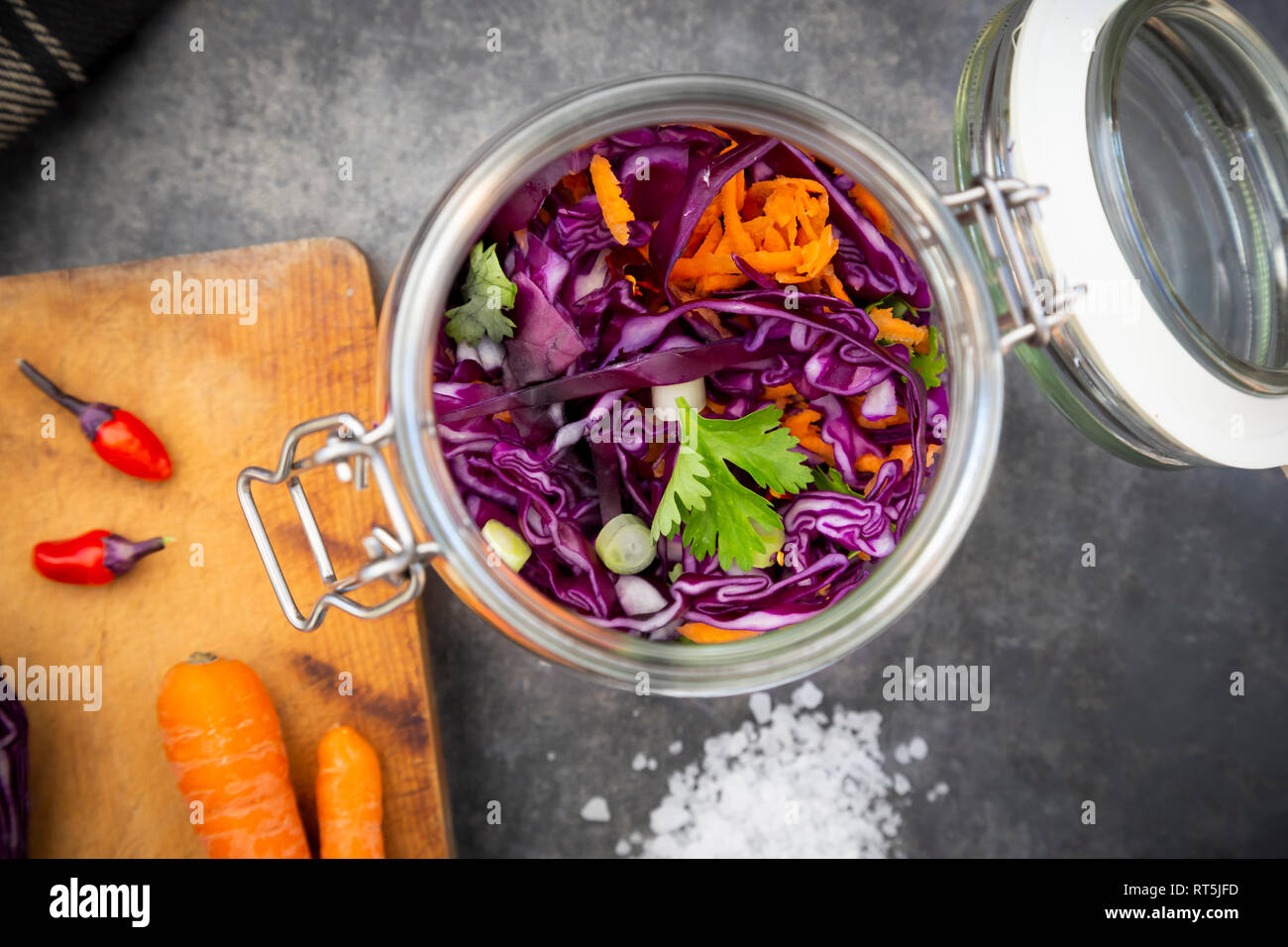 Homemade red cabbage, fermented, with chili, carrot and coriander, in a ...