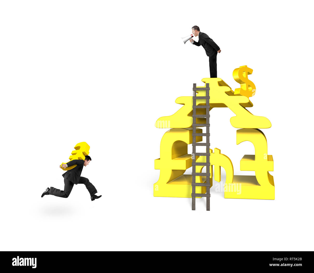 Man carrying Euro running for money stacking building with leader ...